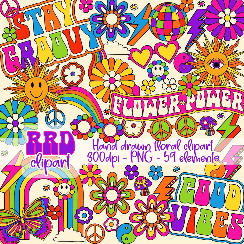 Groovy Retro Clipart for Commercial Use, Rainbow Floral Clipart, Retro ...