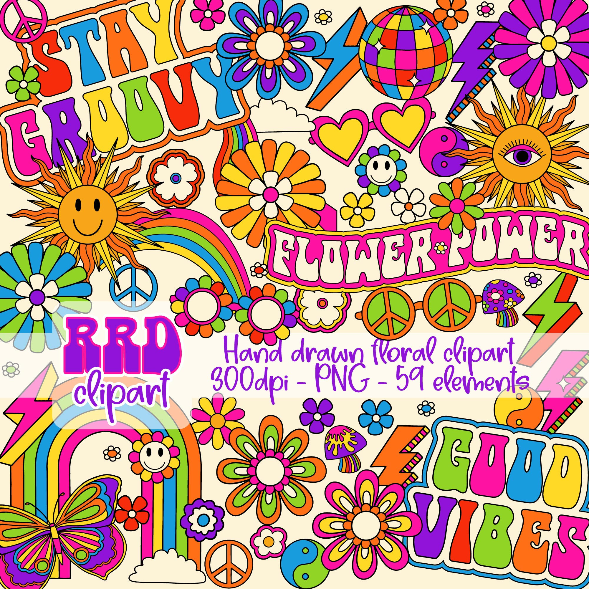 Groovy Retro Clipart for Commercial Use, Rainbow Floral Clipart, Retro ...