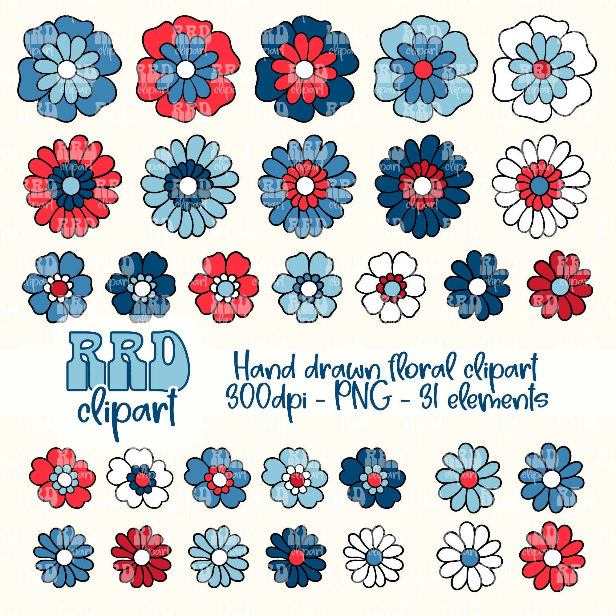 4th of July Floral Clipart for Commercial Use,red White Blue Floral ...