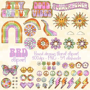 Groovy Retro Clipart for Commercial Use, Rainbow Floral Clipart, Retro ...