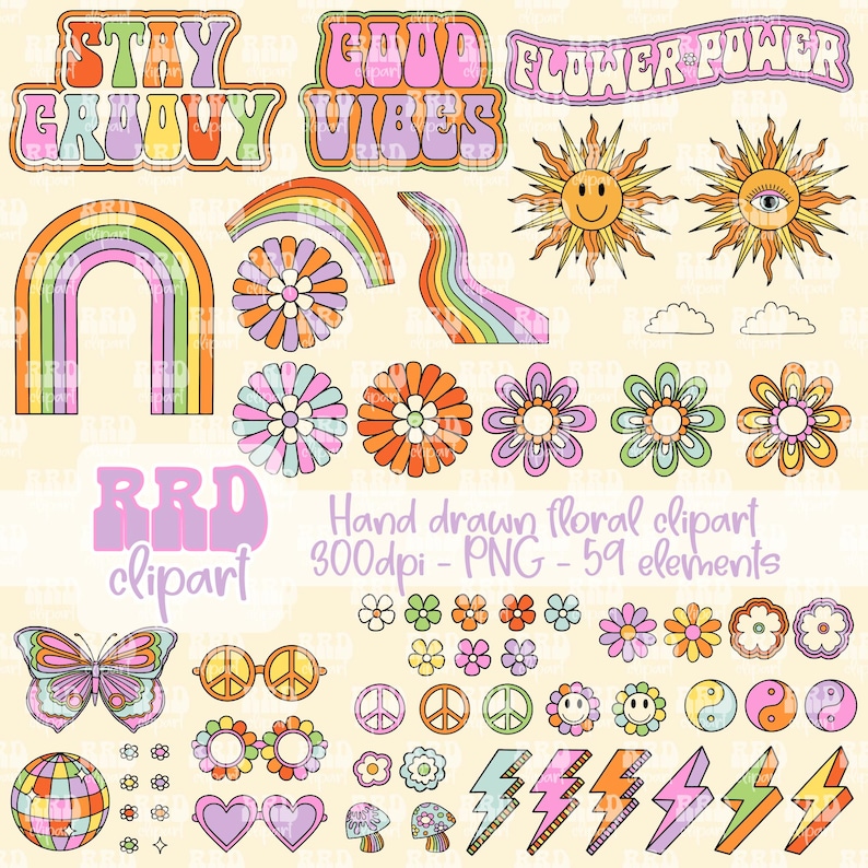 Groovy Retro Clipart for Commercial Use, Rainbow Floral Clipart, Retro ...