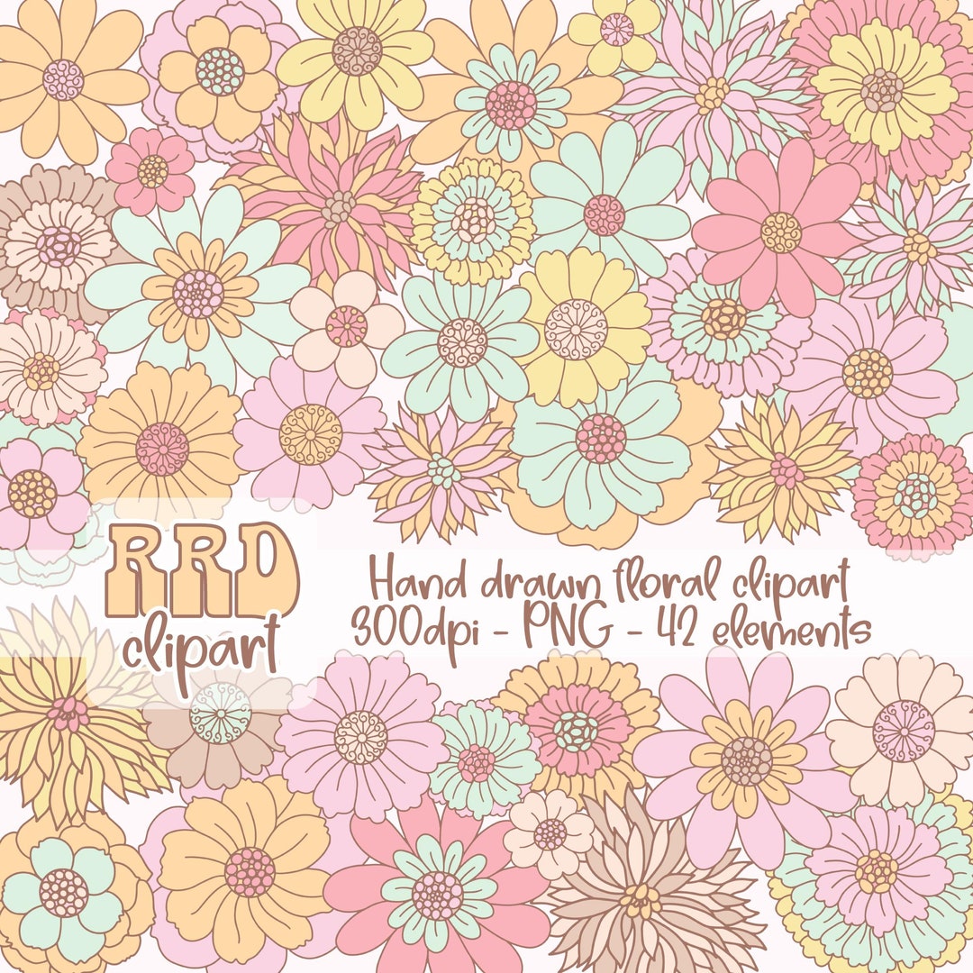 Floral Clipart for Commercial Use, Pastel Floral Clipart, Retro Floral ...