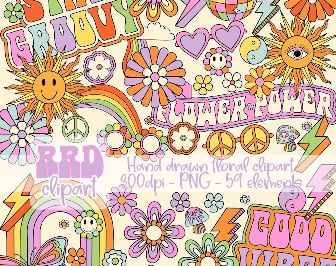 Groovy Retro Clipart for Commercial Use, Rainbow Floral Clipart, Retro ...