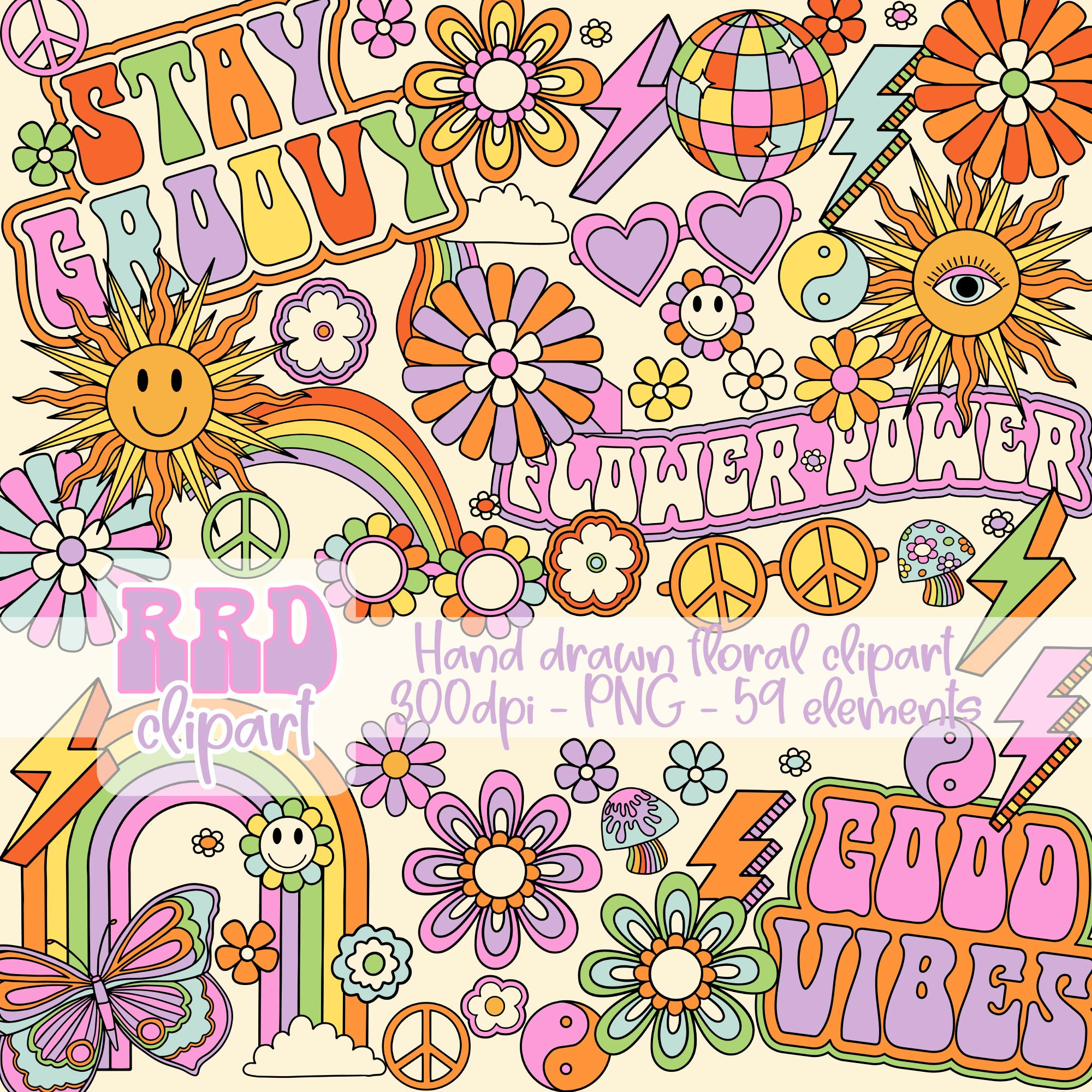 Groovy Retro Clipart for Commercial Use, Rainbow Floral Clipart, Retro ...