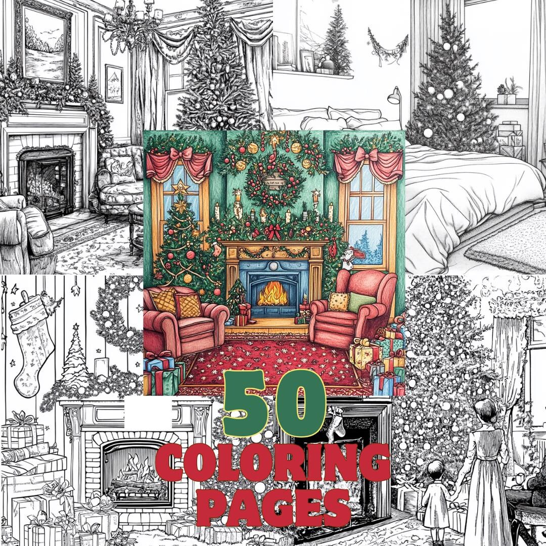 Cozy Chrismas Interior Designs Coloring Book for Adults | Cute Interior ...