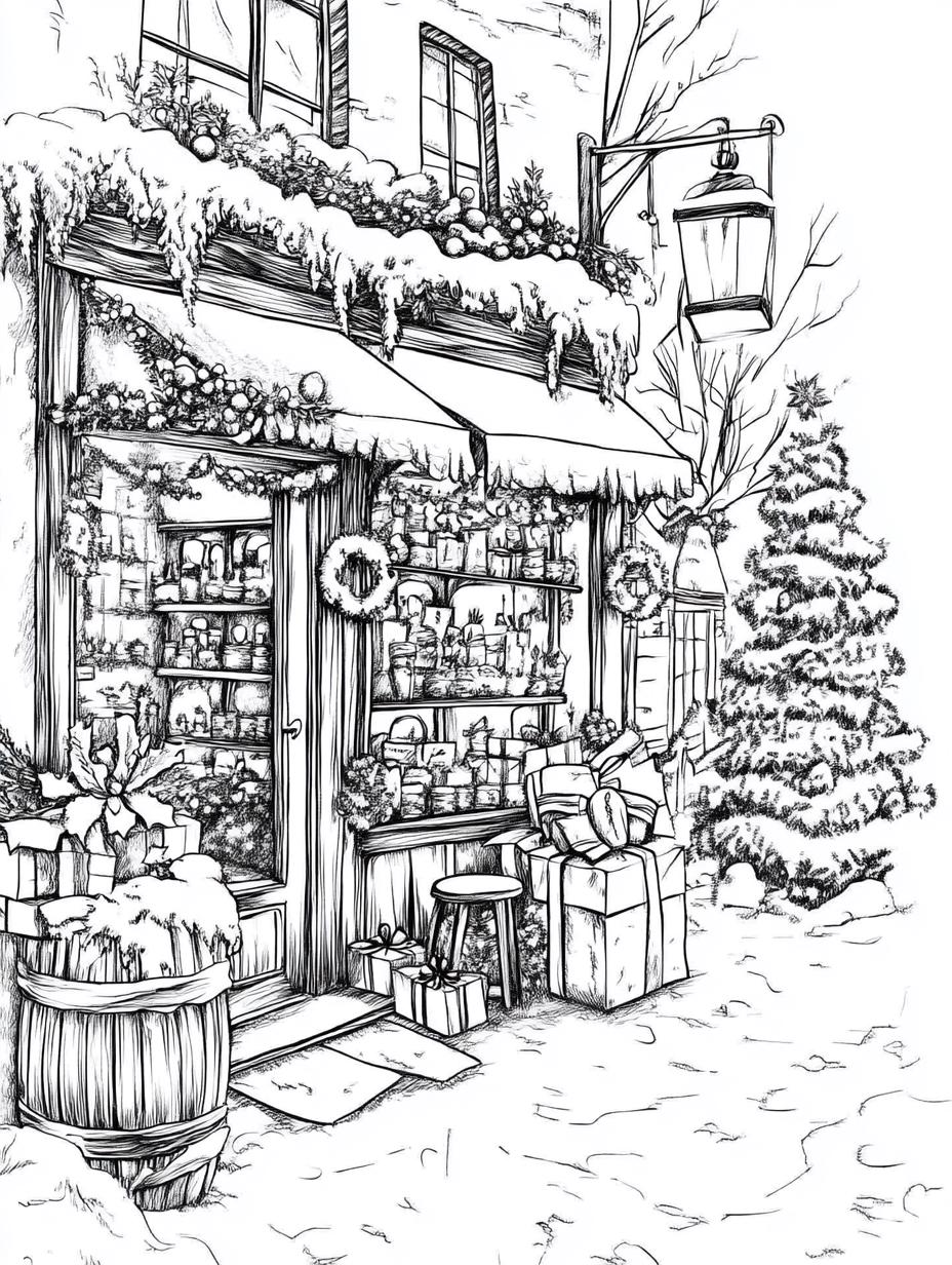 Christmas Storefronts Designs Coloring Book for Adults | 45 Cozy ...