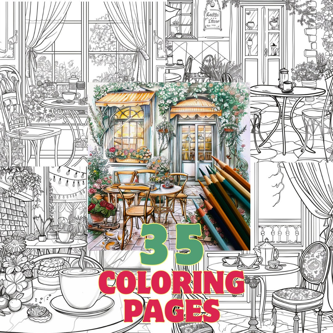Cozy Cafe Designs Coloring Book for Adults | Boho Cafe Interior ...