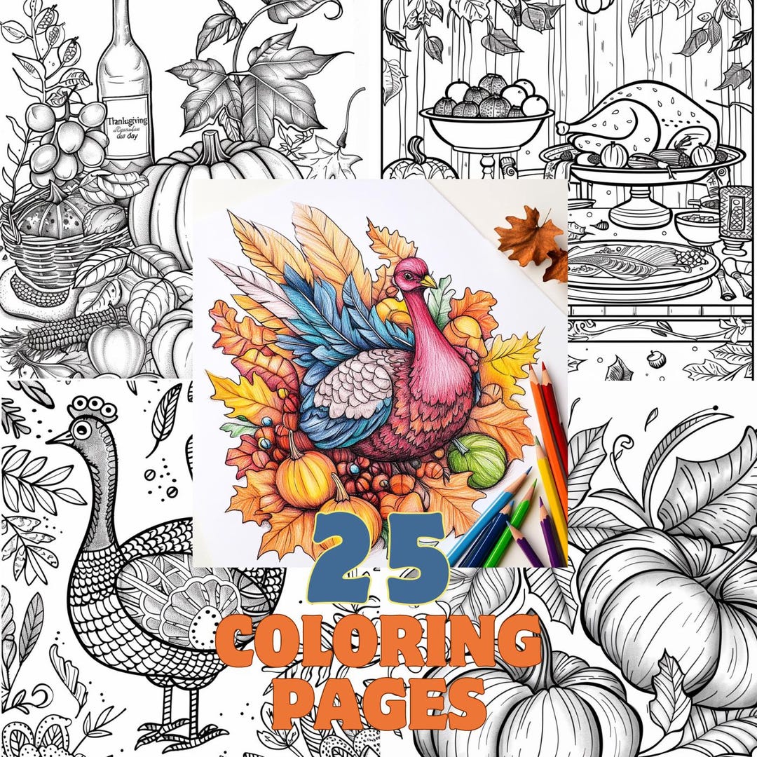 Thanksgiving Day Coloring Book for Adults , Turkey, 25 Printable Pages ...