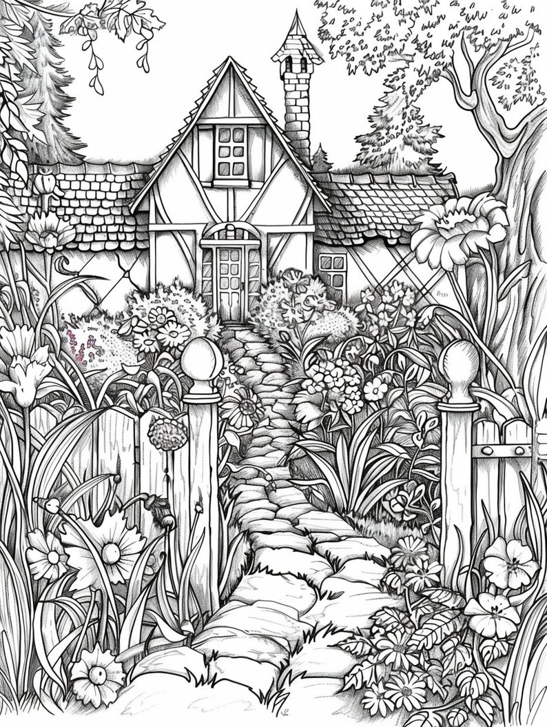 Cozy Cottage Gardens Coloring Pages for Adults | Cozy Coloring Sheets ...