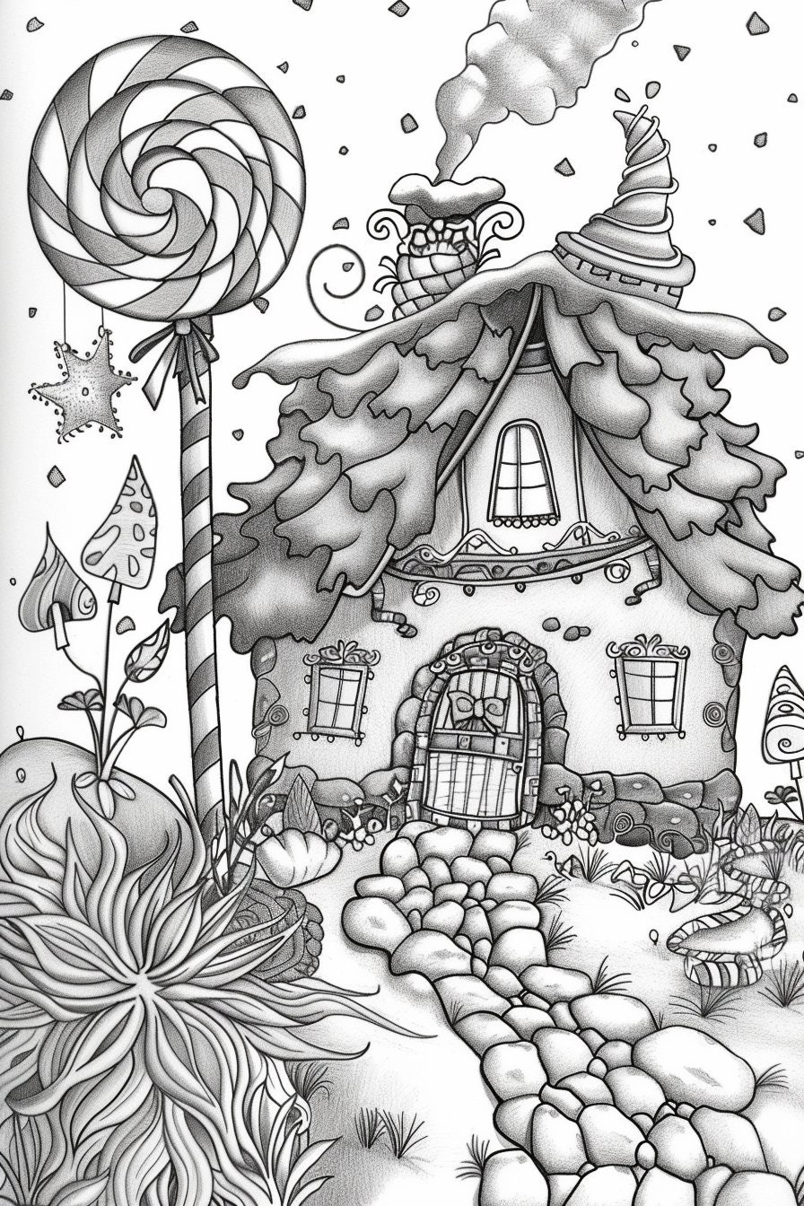 Whimsical Candy House Coloring Pages - Adult and Kids Coloring Book ...