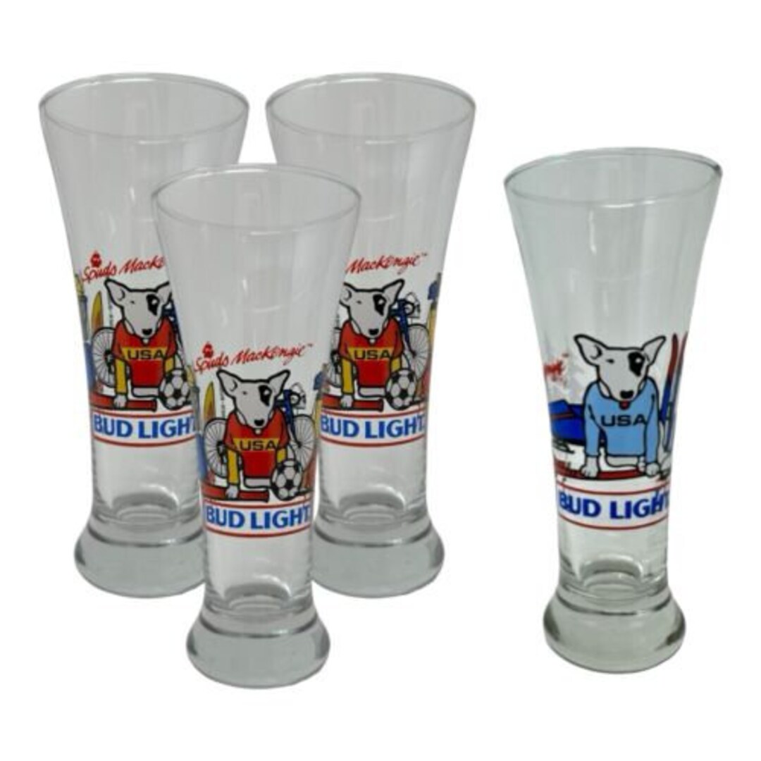 4 Vintage 87' & 88' Bud Light Spuds Mackenzie Beer Glass USA Olympics ...