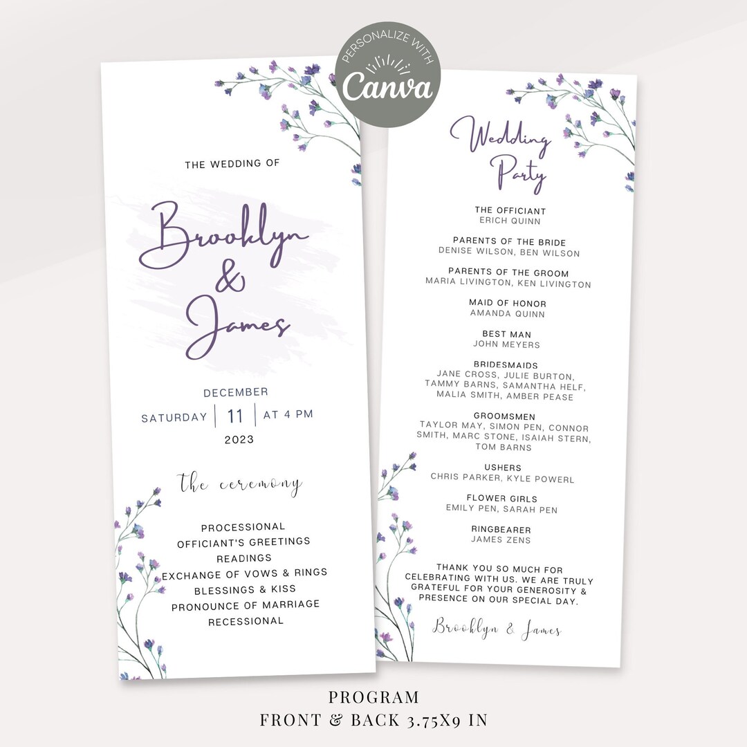 Wedding Program, Lavender Wedding Program Template, Ceremony Program ...