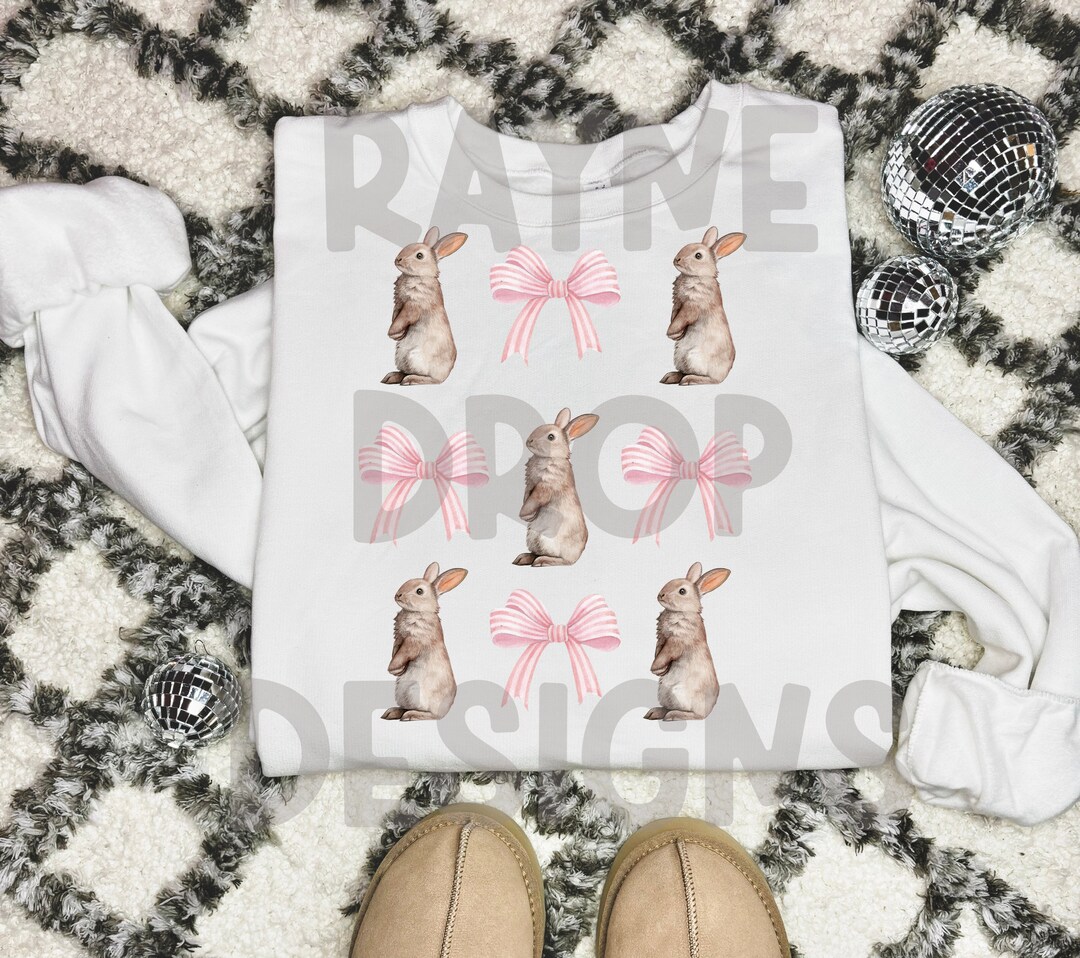 Coquette Preppy Coastal Watercolor Bunny Rabbits Pink Ribbon Digital ...