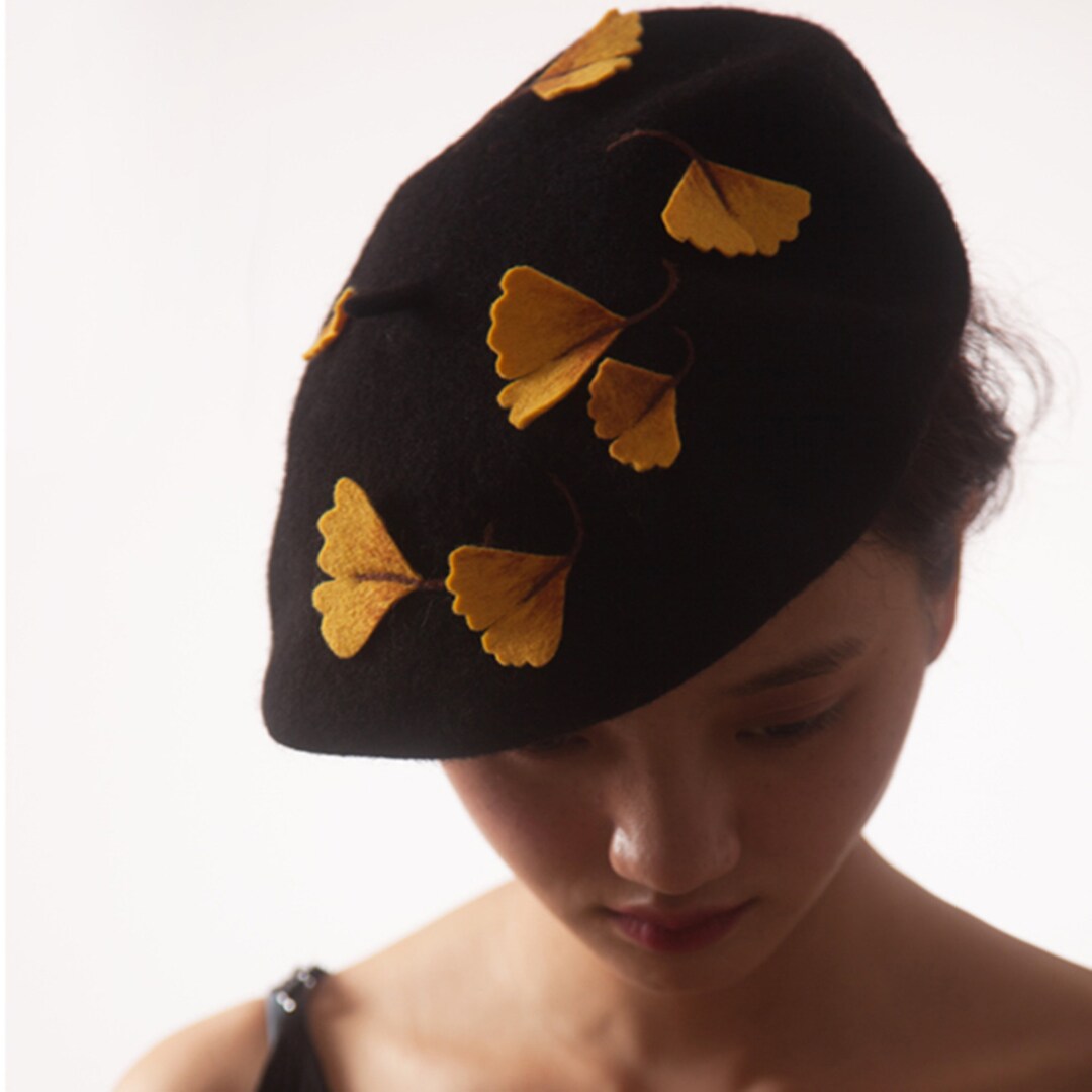 Yellow Leaf Hat,black Needle Felted Beret Cap,handmade Cap,artist ...