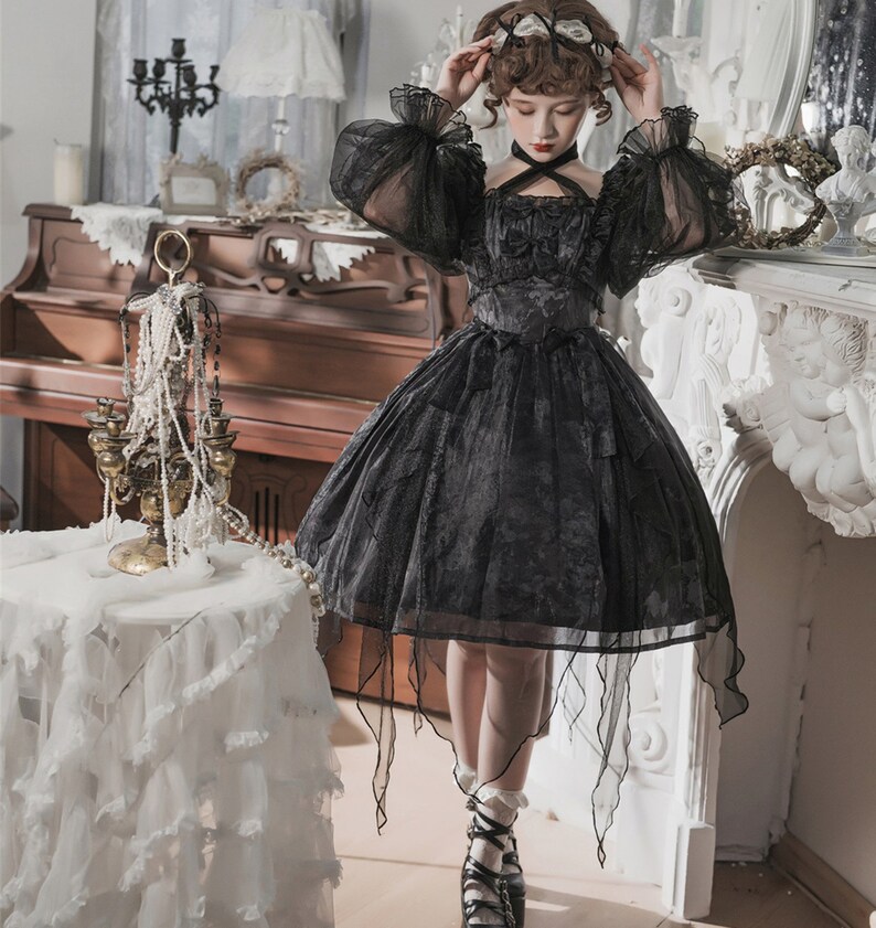 Black Goth Dress With Puff Sleeveruffle Dressbows Dresslace - Etsy