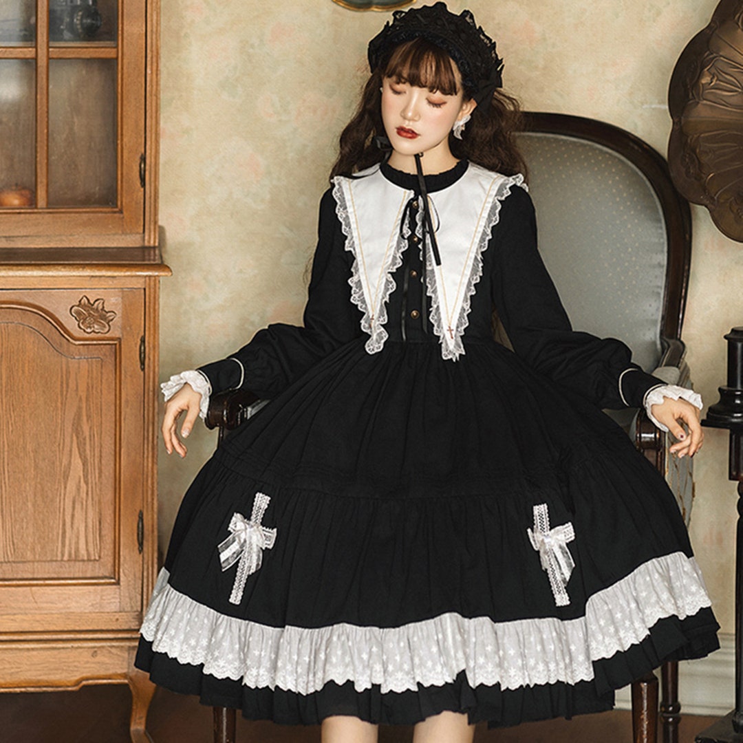 Black Lace Dress With Big Collar,ruffle Gothic Dress,prom Dress,tea ...