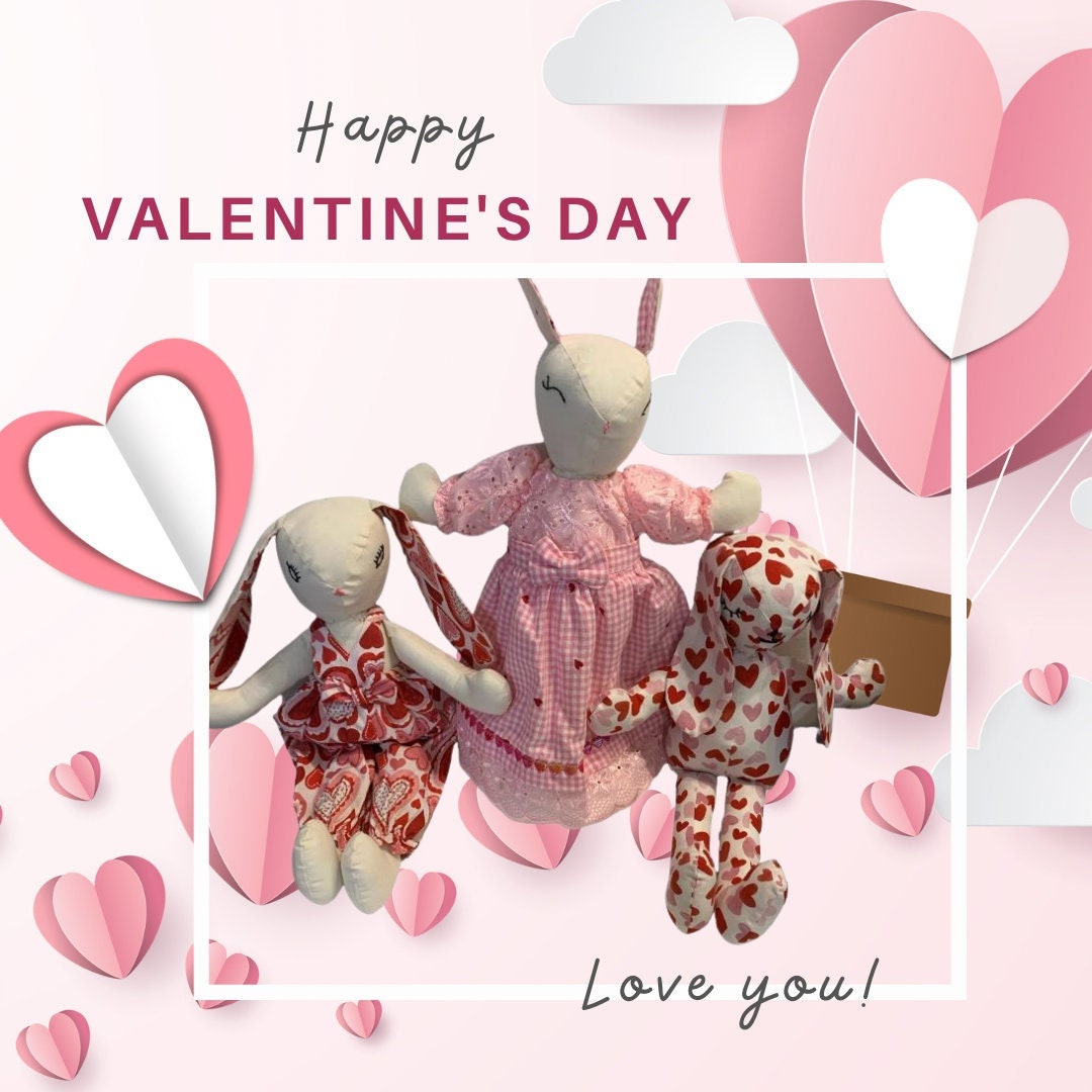 Handmade Valentine, Love, Heart Neutral Bunny Cotton Plush Doll Soft ...