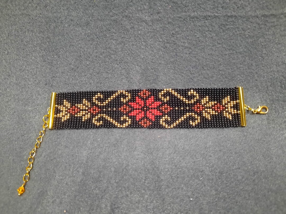 Red-gold Flower Bead Loom Bracelet - Etsy