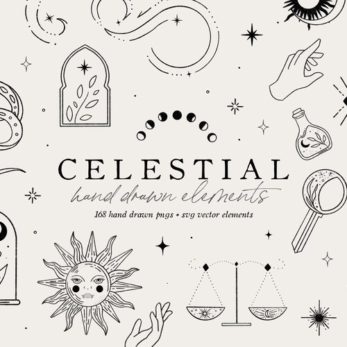 Celestial Magic Handdrawn Logo & Branding Elements Florals | Etsy