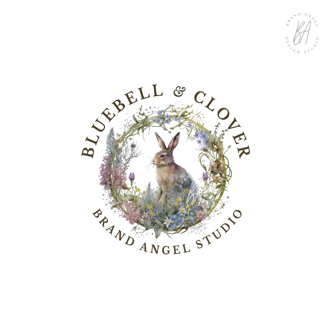 Hare Logo Design, Cottage Logo, Rabbit With Meadow Flower Wreath Logo ...