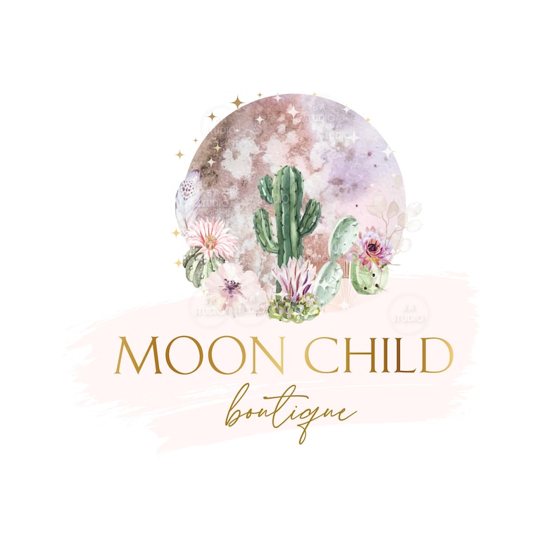 Premade Logo Design and Branding - Boho Moon Cactus Logo - - Desert ...