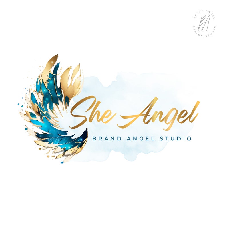 Angel Wings Logo, Teal and Gold Wings Logo, Watercolor Blue Gold ...