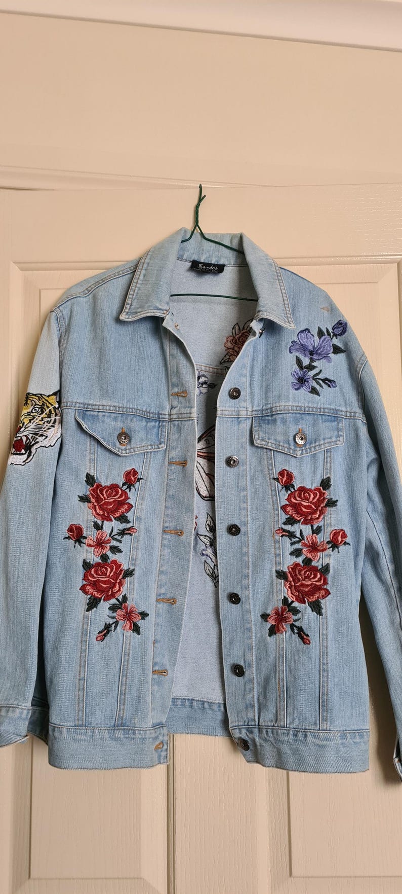 Bardot Denim Jacket Embroidered With Rose Patches Butterfly and Tiger ...
