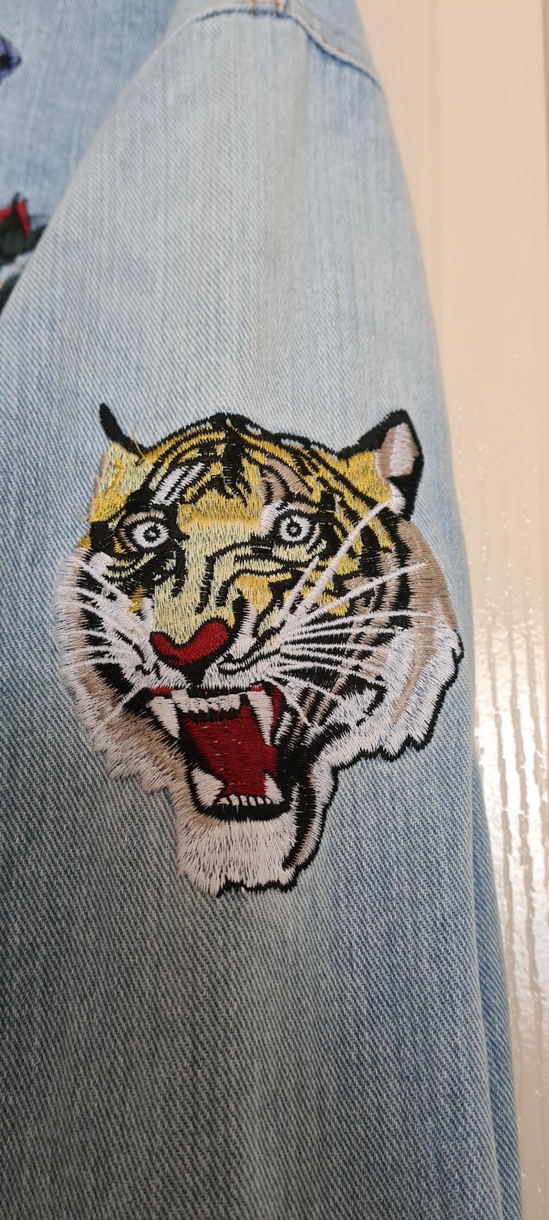 Bardot Denim Jacket Embroidered With Rose Patches Butterfly and Tiger ...