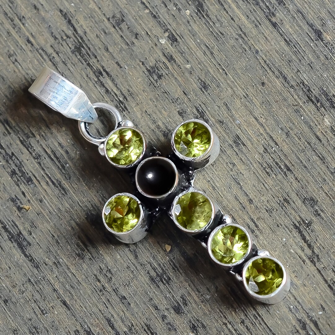 Faceted Peridot Cross Pendant/ Chain Pendant/ Black Onyx Cross Pendant ...