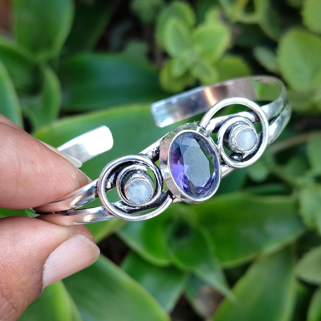 Faceted African Amethyst Moonstone Gemstone Cuff Bangle, 925 Sterling ...