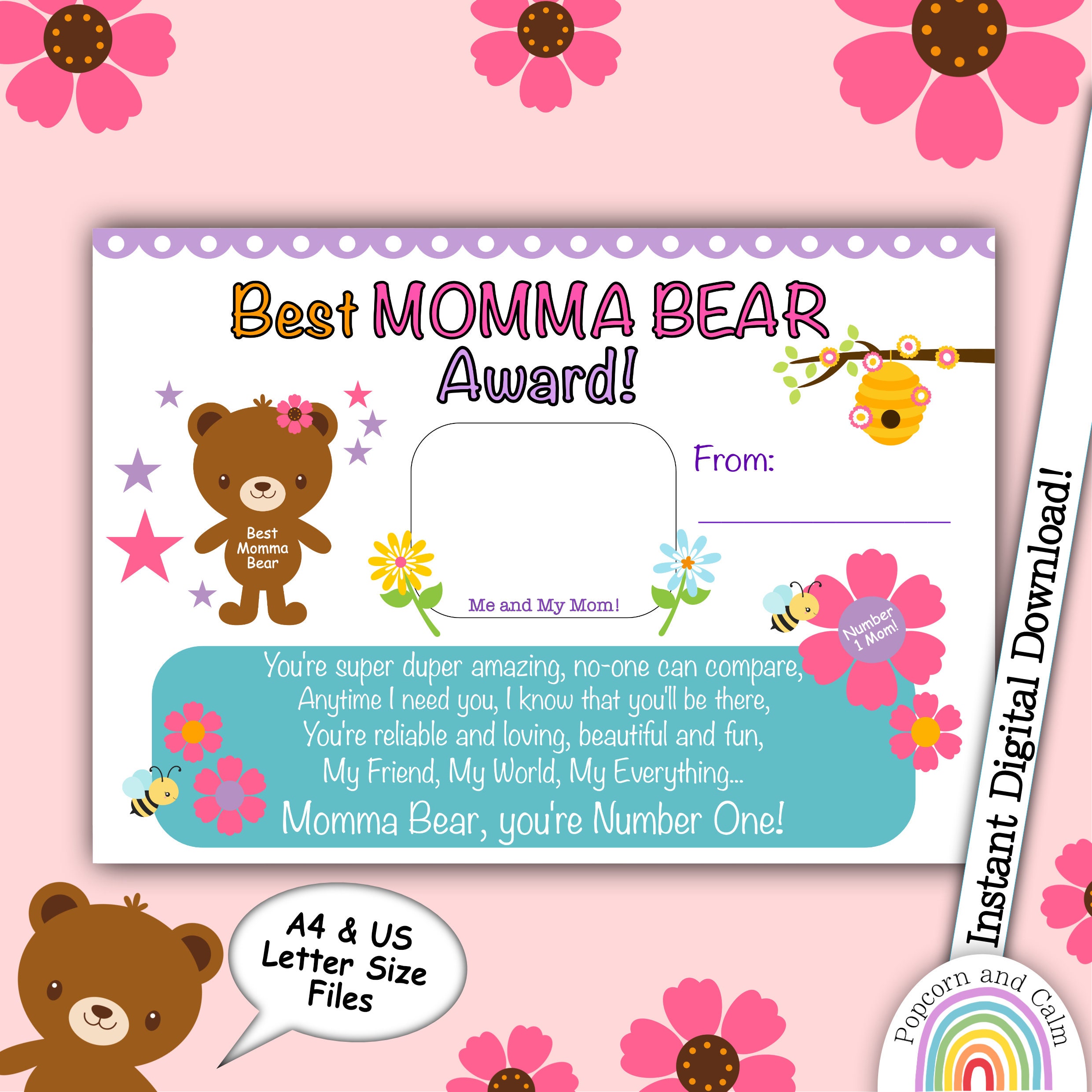 Best Momma Bear Award Certificate, Best Mum Award, Mother's Day, Mom's ...