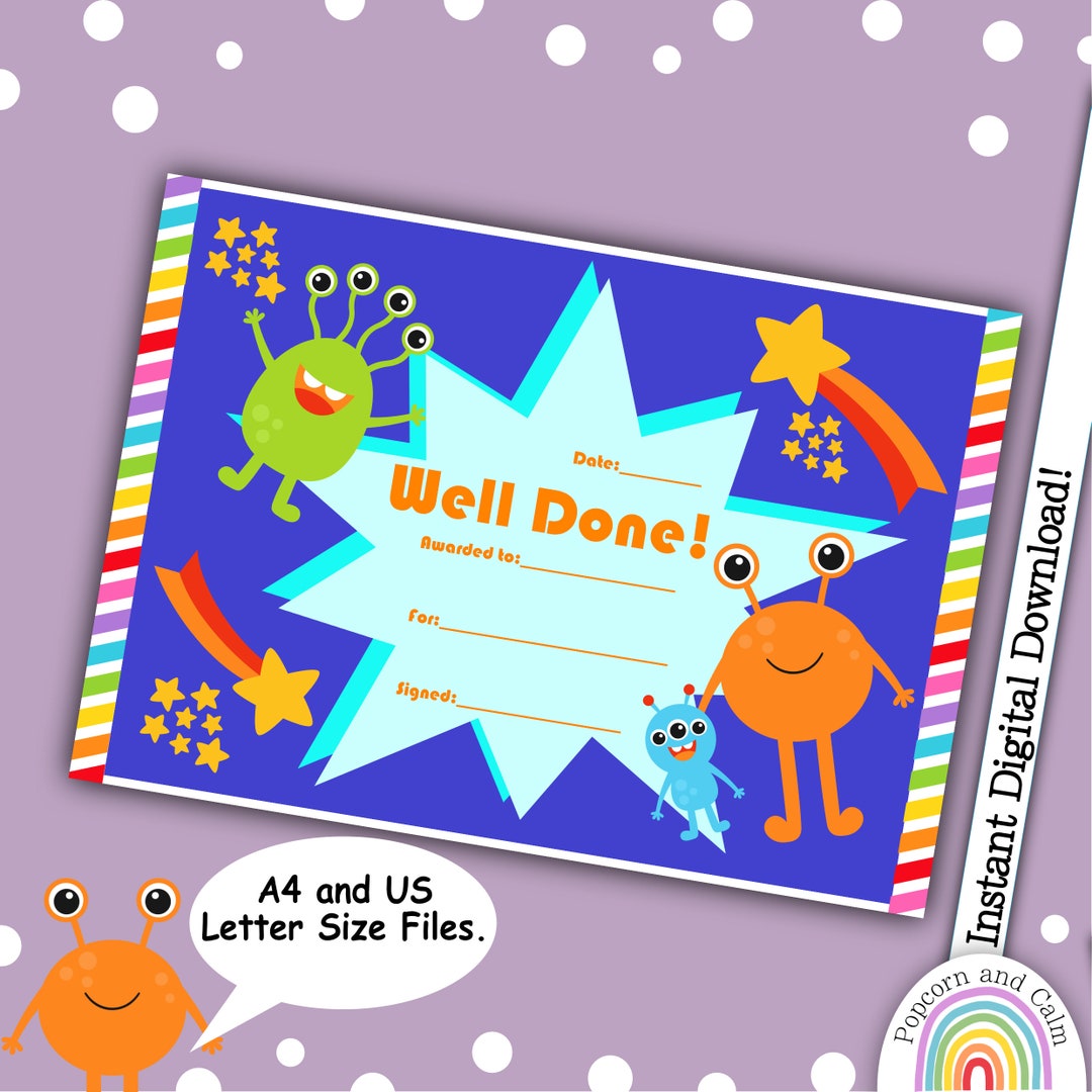 Well Done Certificate, Downloadable Reward, Printable Certificate, A4 ...