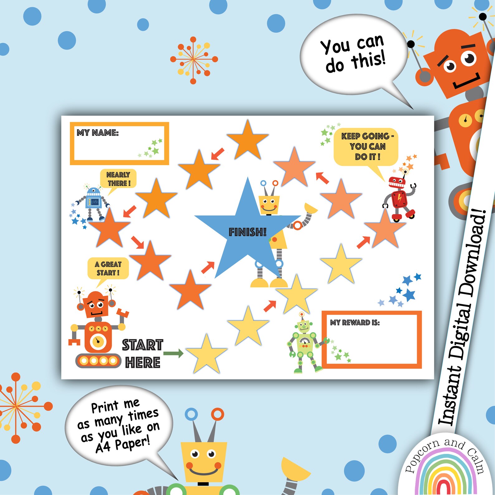 Printable Reward Chart Robot Reward Chart Homework Chart | Etsy
