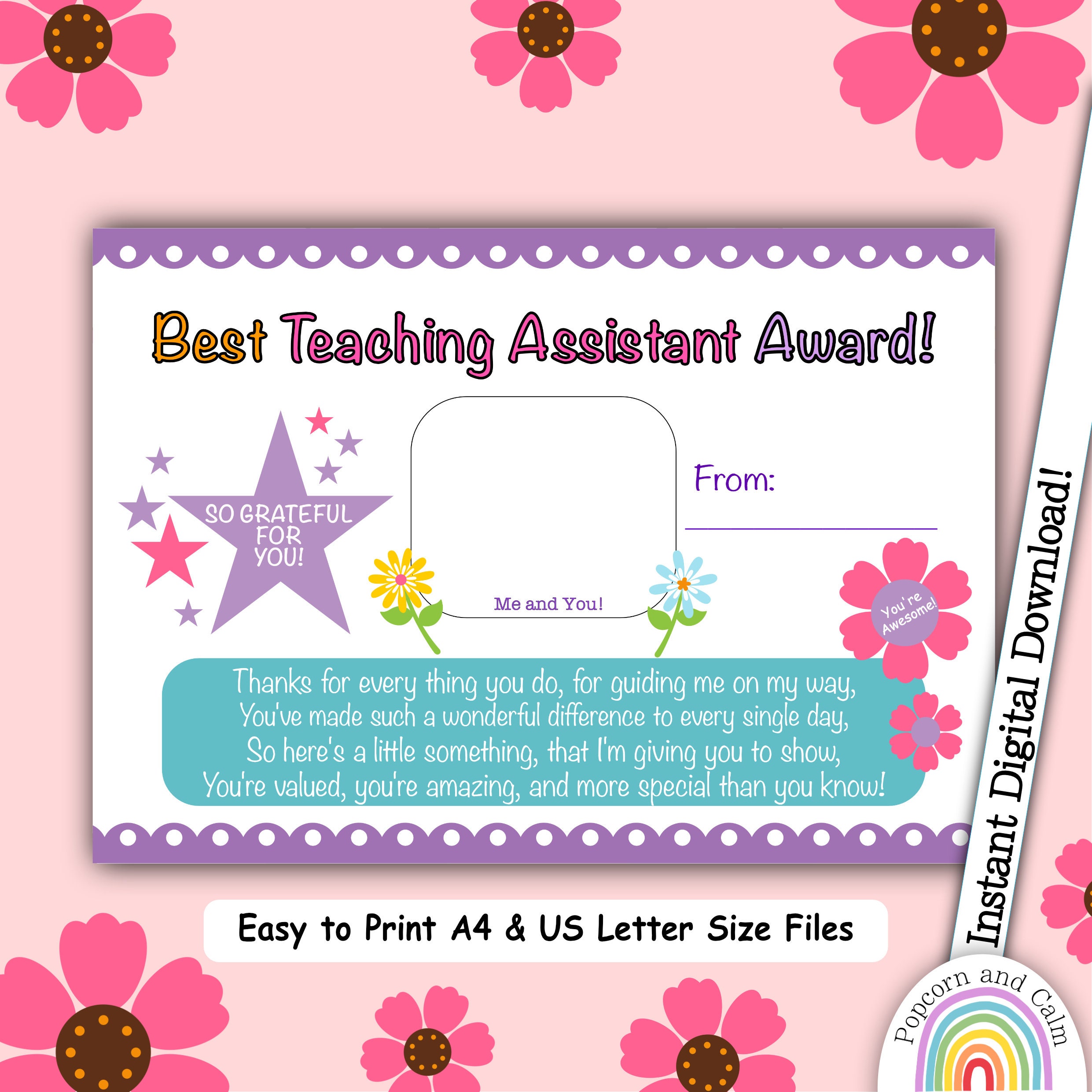 Best Teaching Assistant Award, Thank You T.A, Best Classroom Assistant ...
