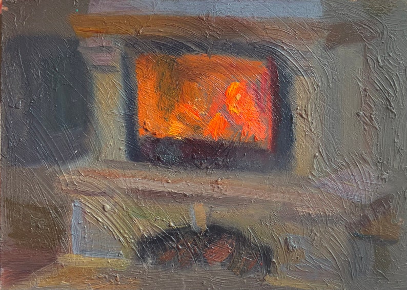 Fireplace Painting Cozy Art Fire Wall Art Chimney Painting - Etsy