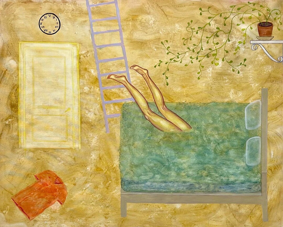 Surreal Tempera Painting | Time Flow Art | Strange Room With Bed ...