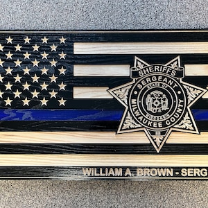 Milwaukee County Sheriff Badge With Blue Line Rustic American Flag, Wooden American Flag, Carved ...