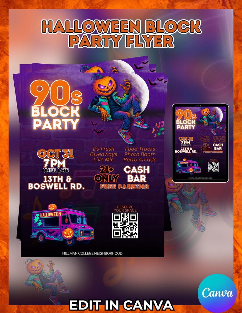 90s Halloween Block Party Flyer Template: Retro Canva Invitation ...