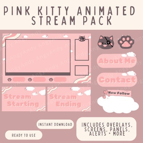 Animated Twitch Pink Kitty Clouds Stream Bundle Package Twitch Overlays ...