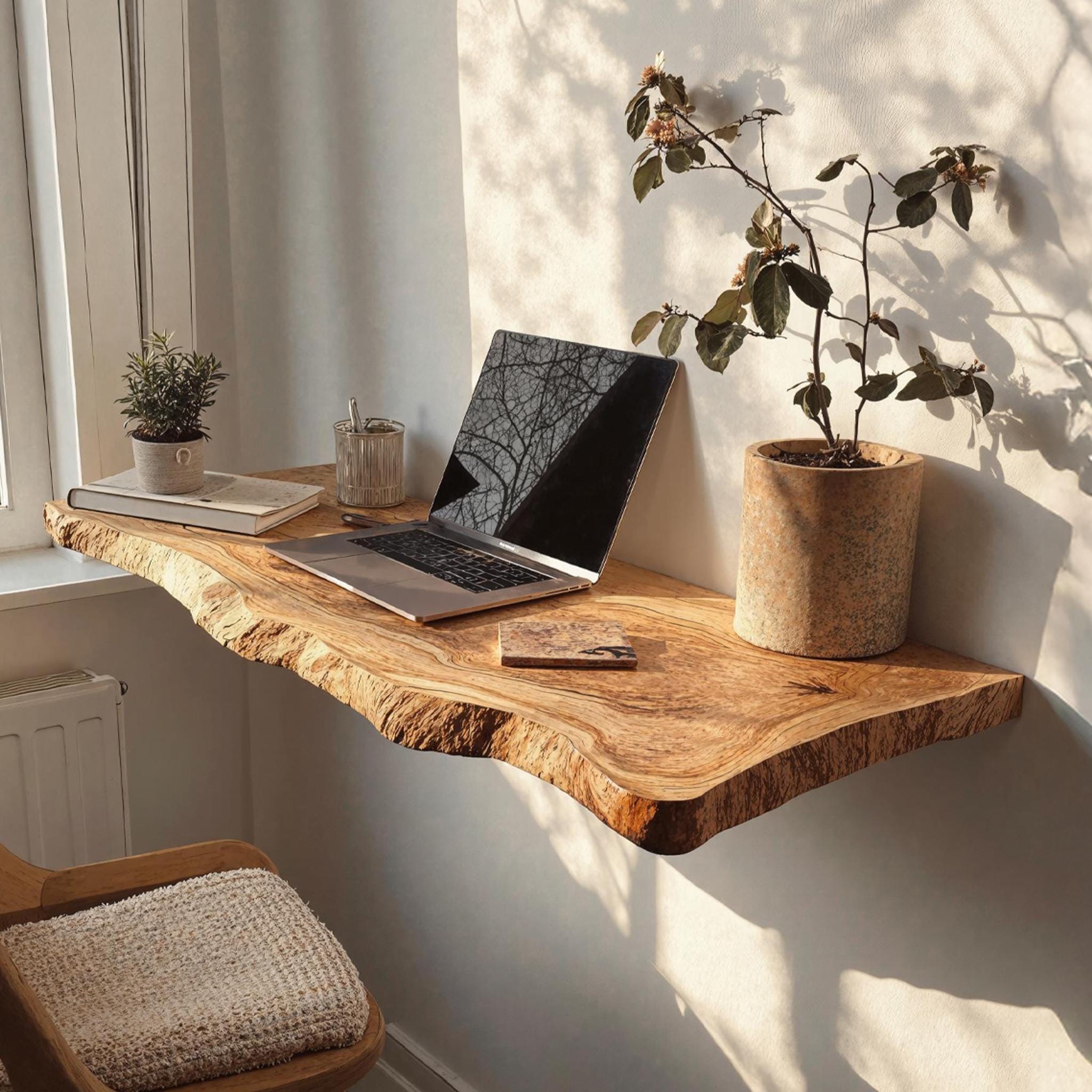 Natural Wood Home Office Table Rustic Live Edge Shelf Children Study ...