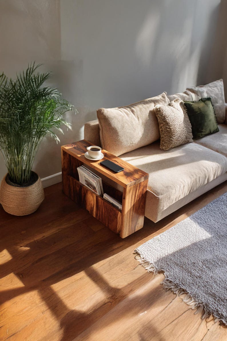 Natural Wooden Sofa Arm Rest Table Wrap Rustic Wood Couch Table ...