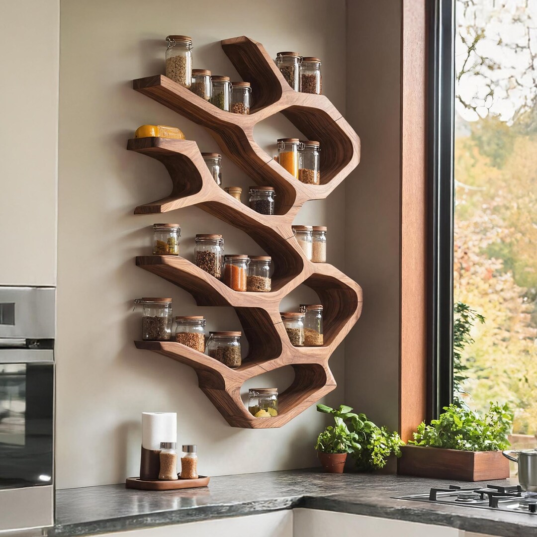 Wooden Shelf Kitchen Storage Organizer Handmade Natural Wood Spice ...