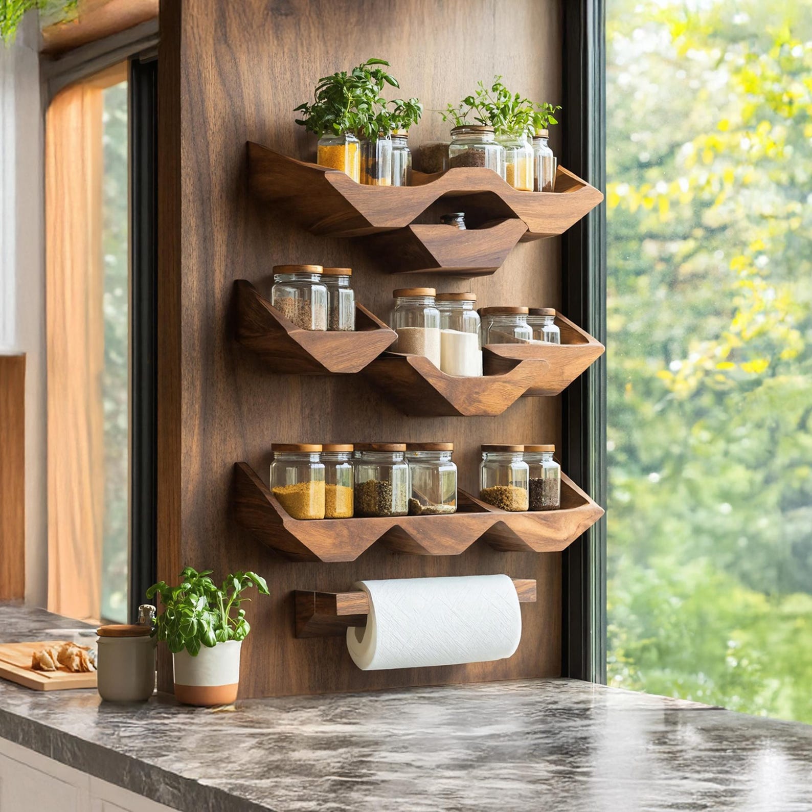 Handmade Natural Wood Spice Holder Farmhouse Kitchen Spice Rack Shelf ...