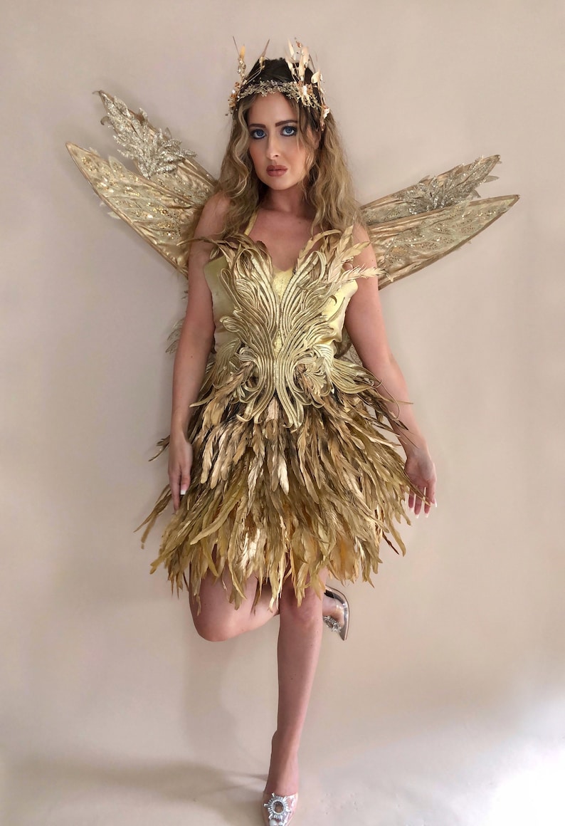 Gold Feather Fairy Costume: Handmade Adult Outfit With Wings & Crown - Etsy