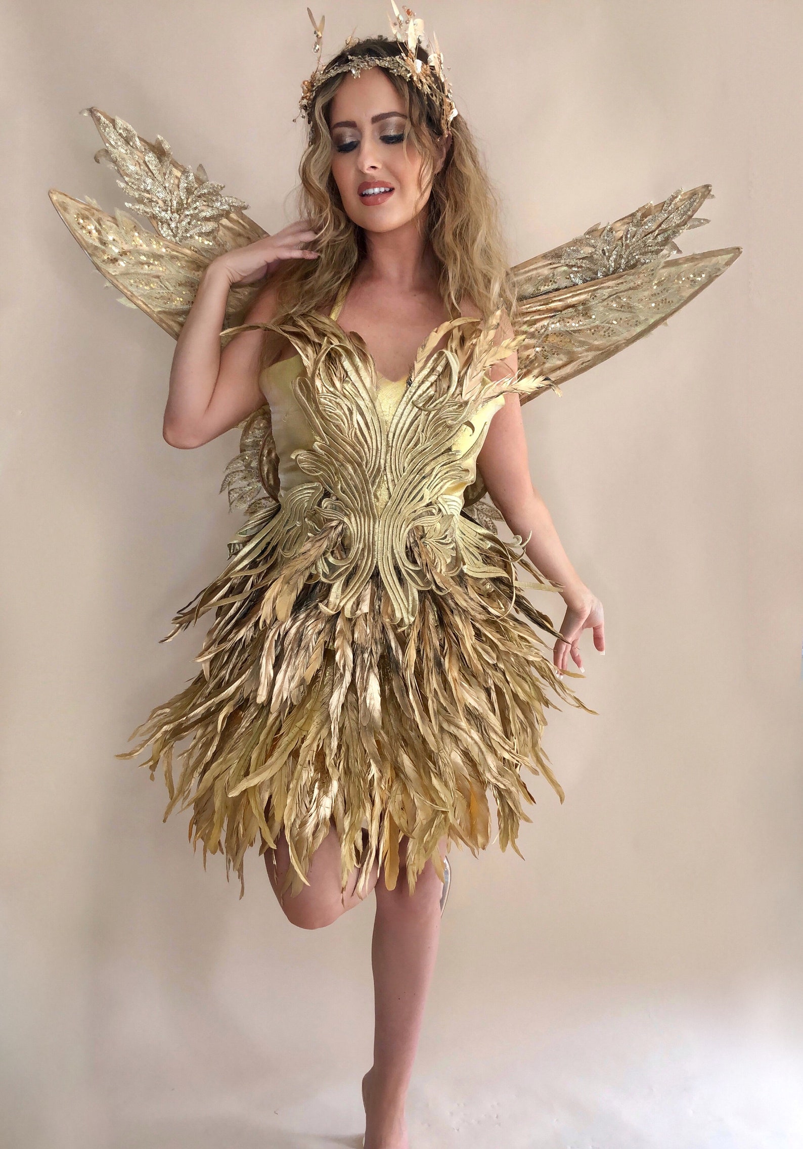 Gold Feather Fairy Costume: Handmade Adult Outfit With Wings & Crown - Etsy