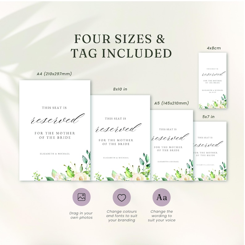 Floral Reserved Seat Tag, Wedding Ceremony Sign (canva Digital Download ...