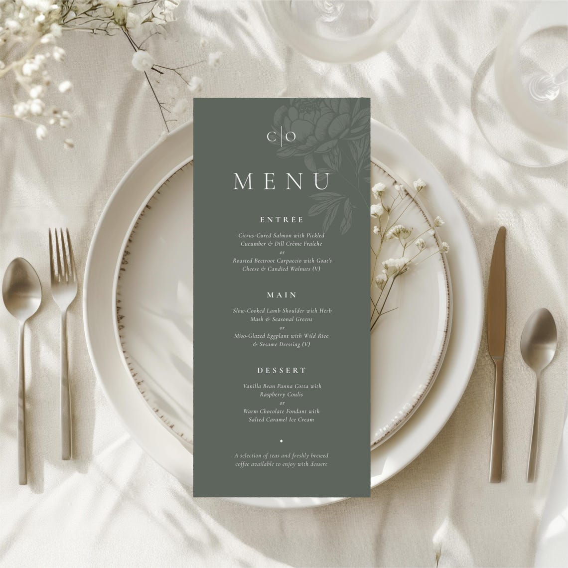 Sage Green Wedding Menu Floral, Minimalist Editable Floral Design, Sage ...