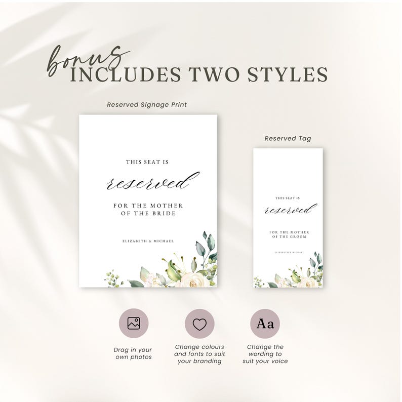 Floral Reserved Seat Tag, Wedding Ceremony Sign (canva Digital Download ...