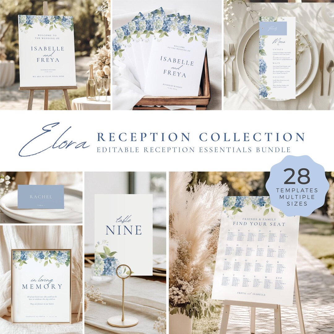 Blue Hydrangea Wedding Reception Signage Suite (canva) WEDK009 - Etsy