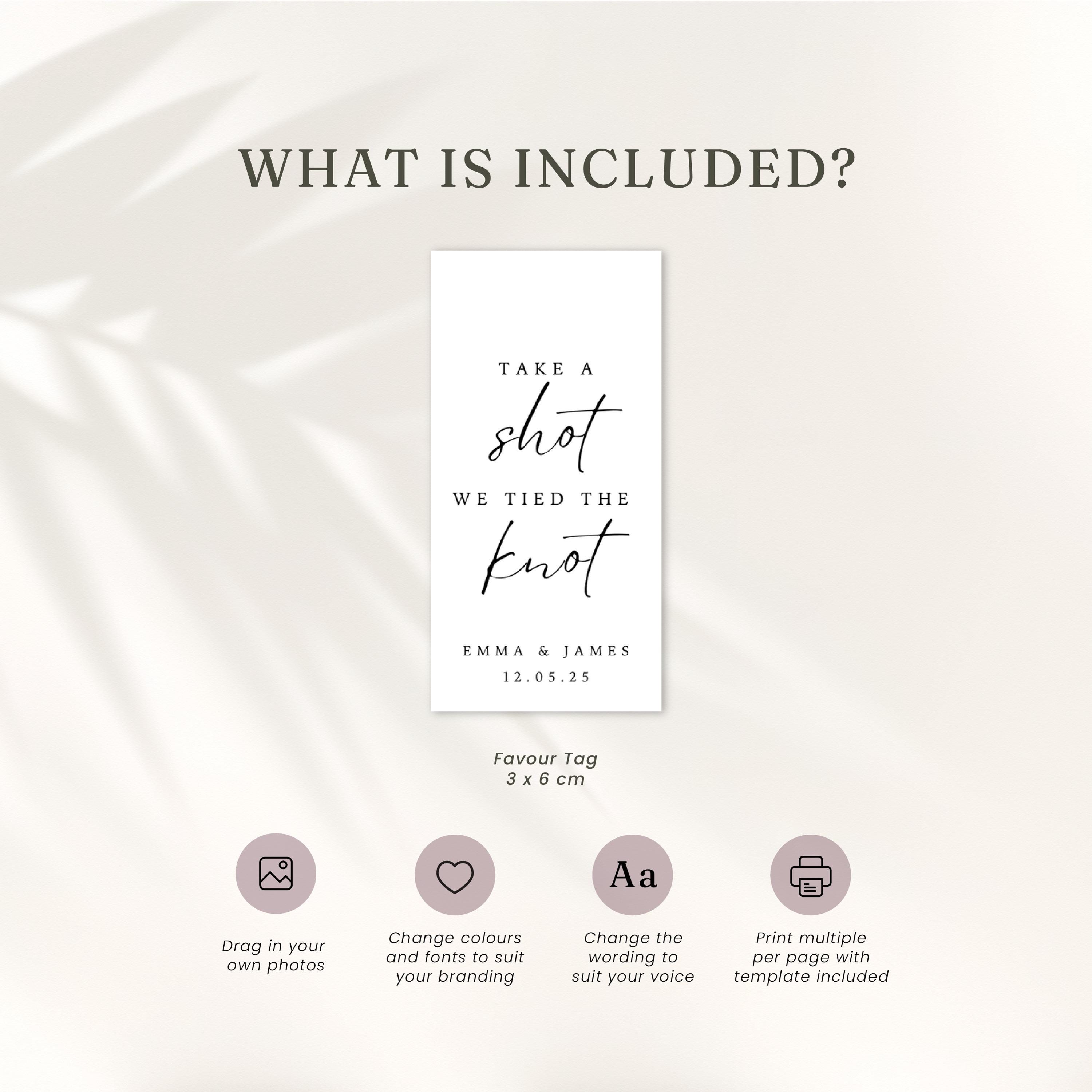 Take A Shot We Tied the Knot Tag Template, Minimal DIY Bride Shot ...